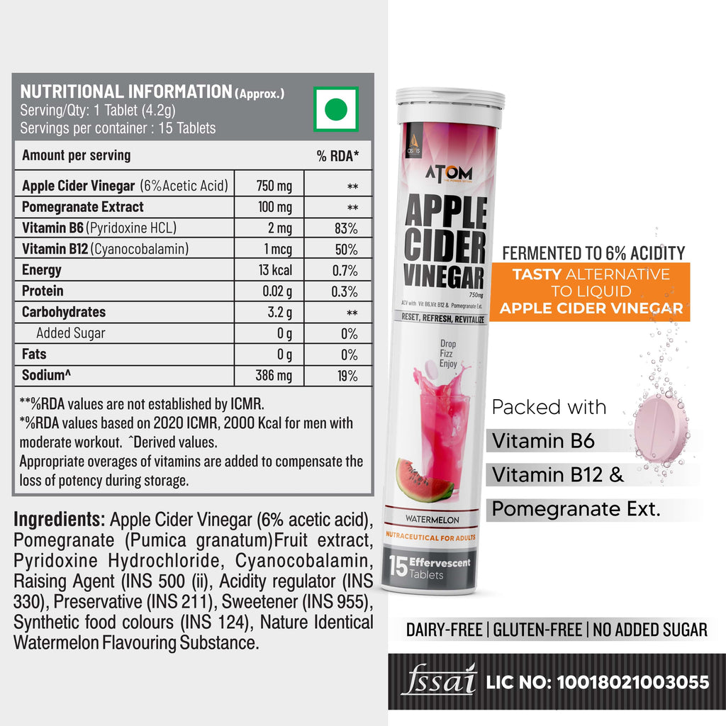 ATOM Apple Cider Vinegar Effervescent Tablet with Mother, Vit. B6, B12