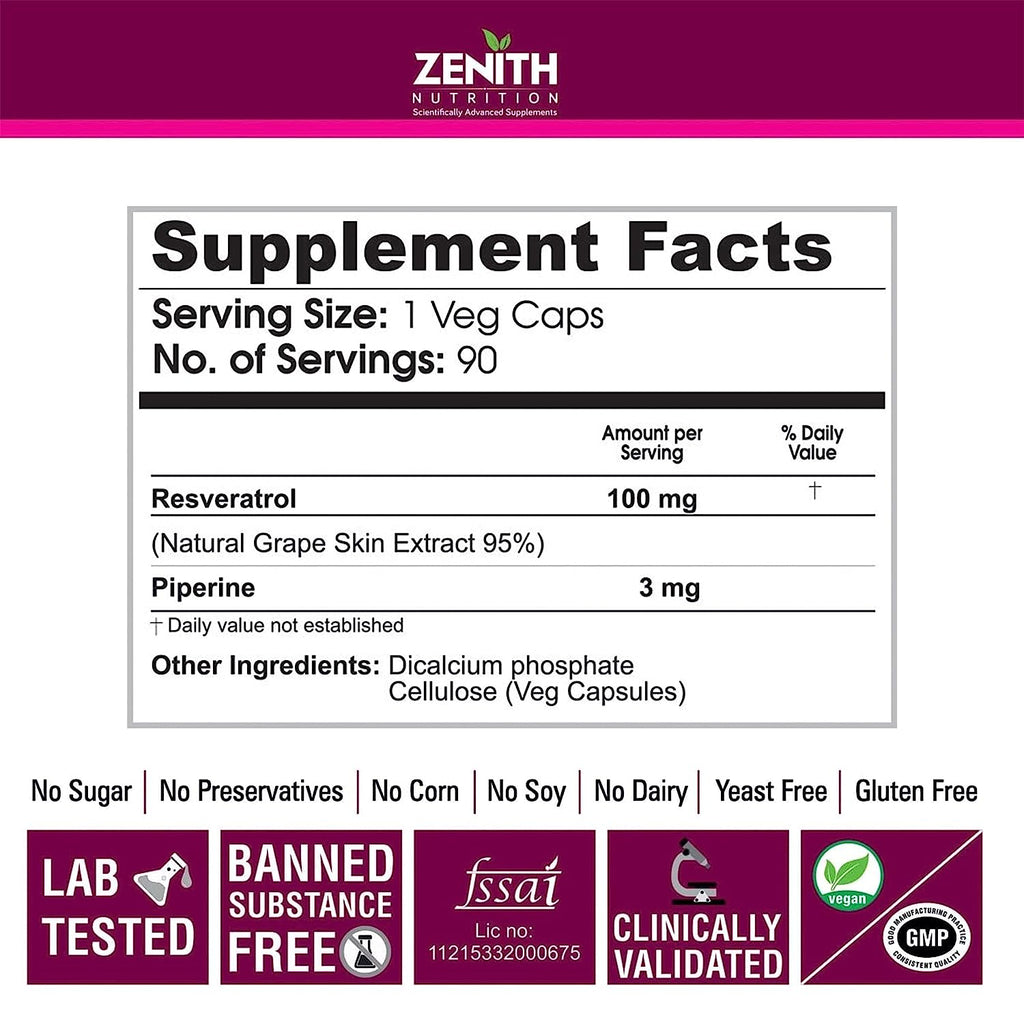 Zenith Nutrition Resveratrol with Piperine - 90 Veg Capsules | Super A